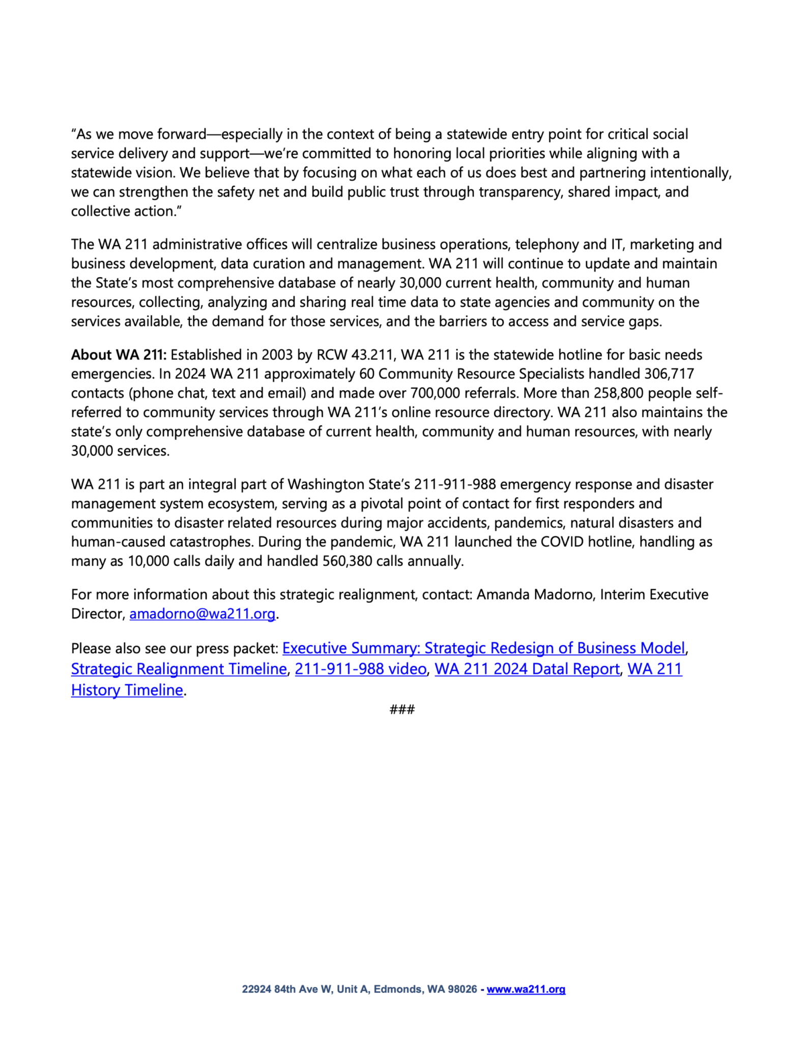 WA 211 Announces Selection of Statewide Call Center - WA 211