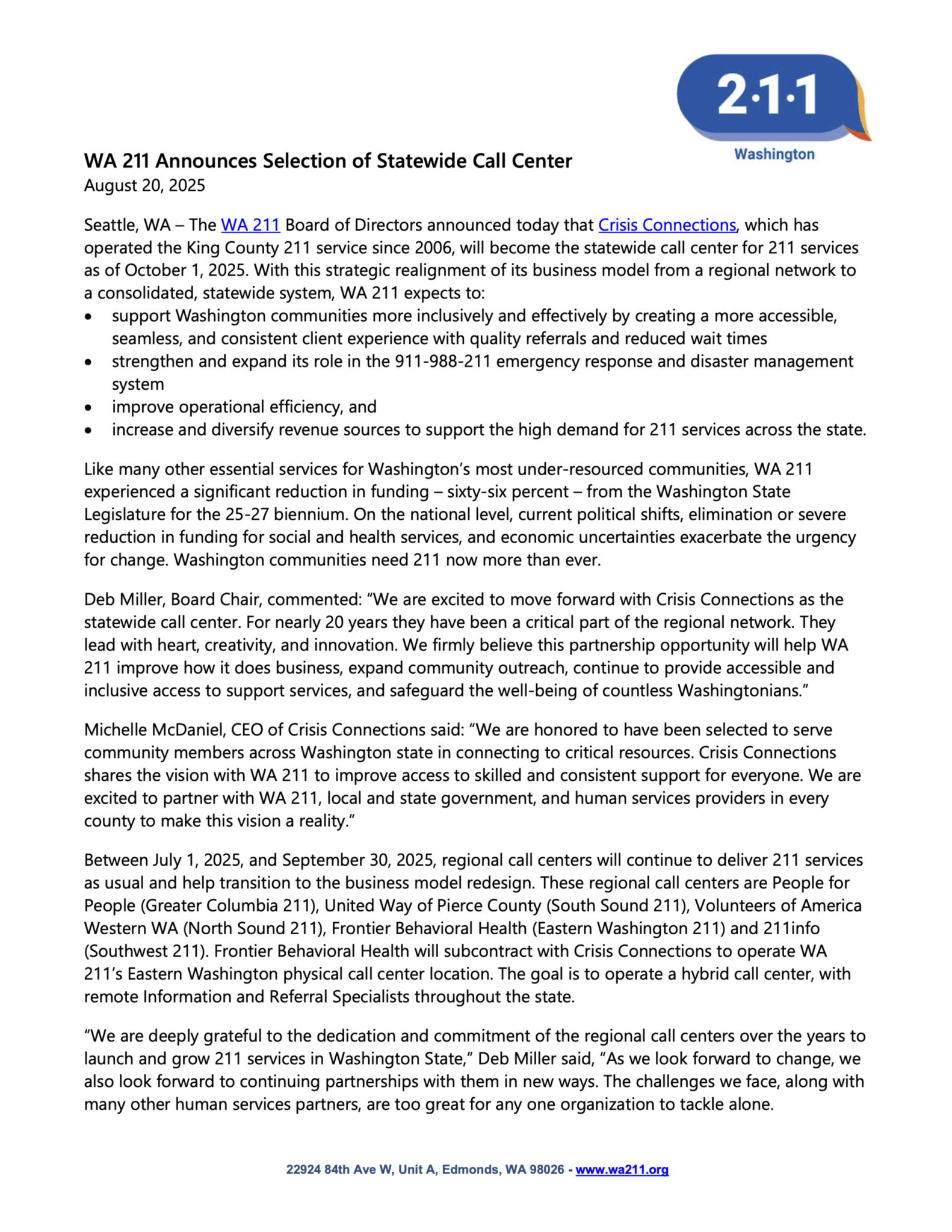 WA 211 Announces Selection of Statewide Call Center - WA 211